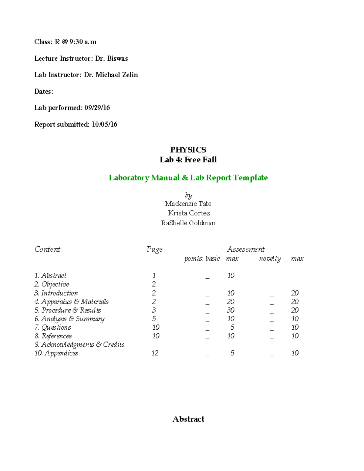 Free Fall Lab 4 - lab report - Class: R @ 9:30 a Lecture Instructor: Dr ...