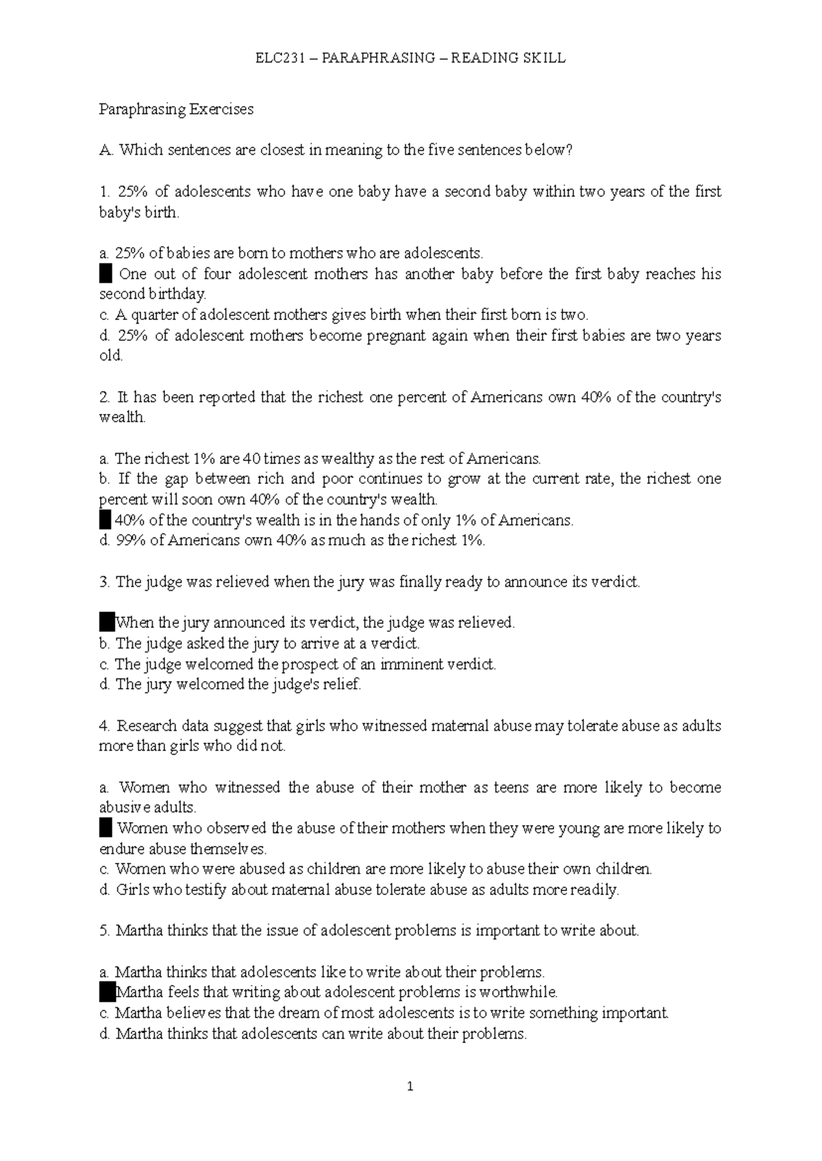 Paraphrasing Exercises - ELC231 – PARAPHRASING – READING SKILL ...