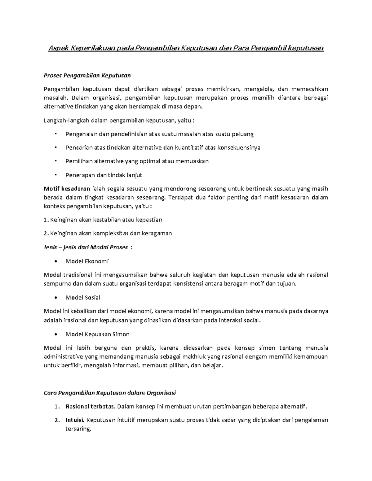 Aspek Keperilakuan pada Pengambilan Keputusan dan Para Pengambil ...