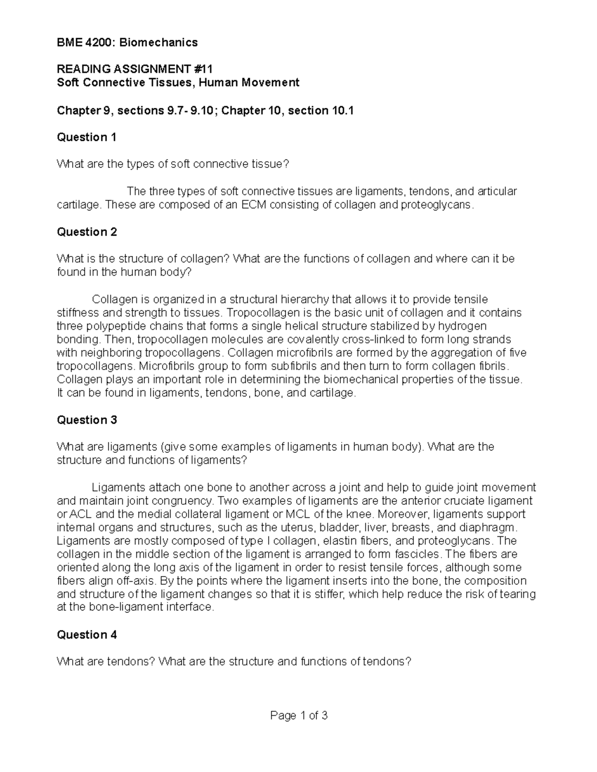 BME 4200 Reading 11 - BME 4200: Biomechanics READING ASSIGNMENT # Soft Connective Tissues, Human ...