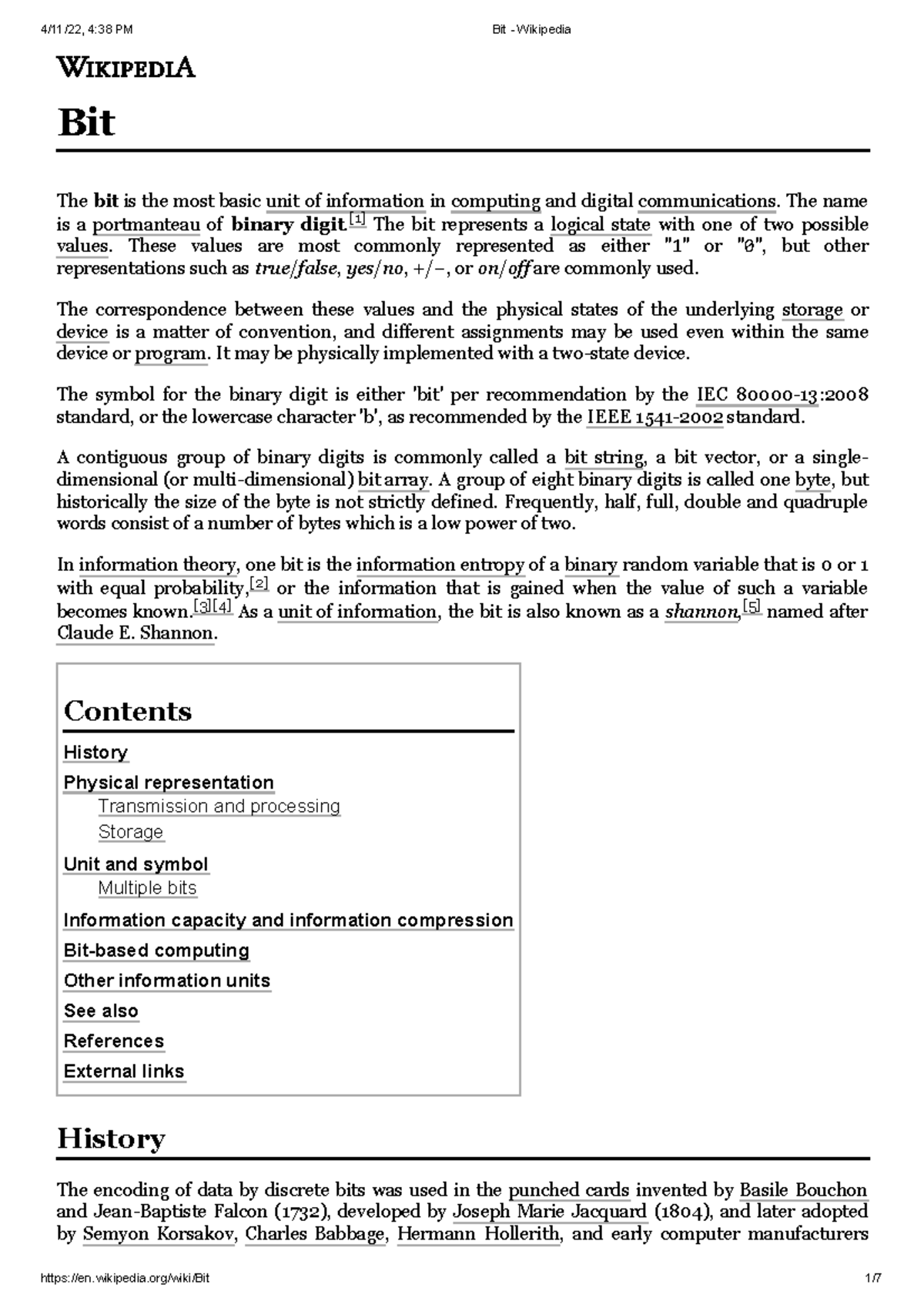 Bit - Wikipedia - Bit The bit is the most basic unit of information in ...