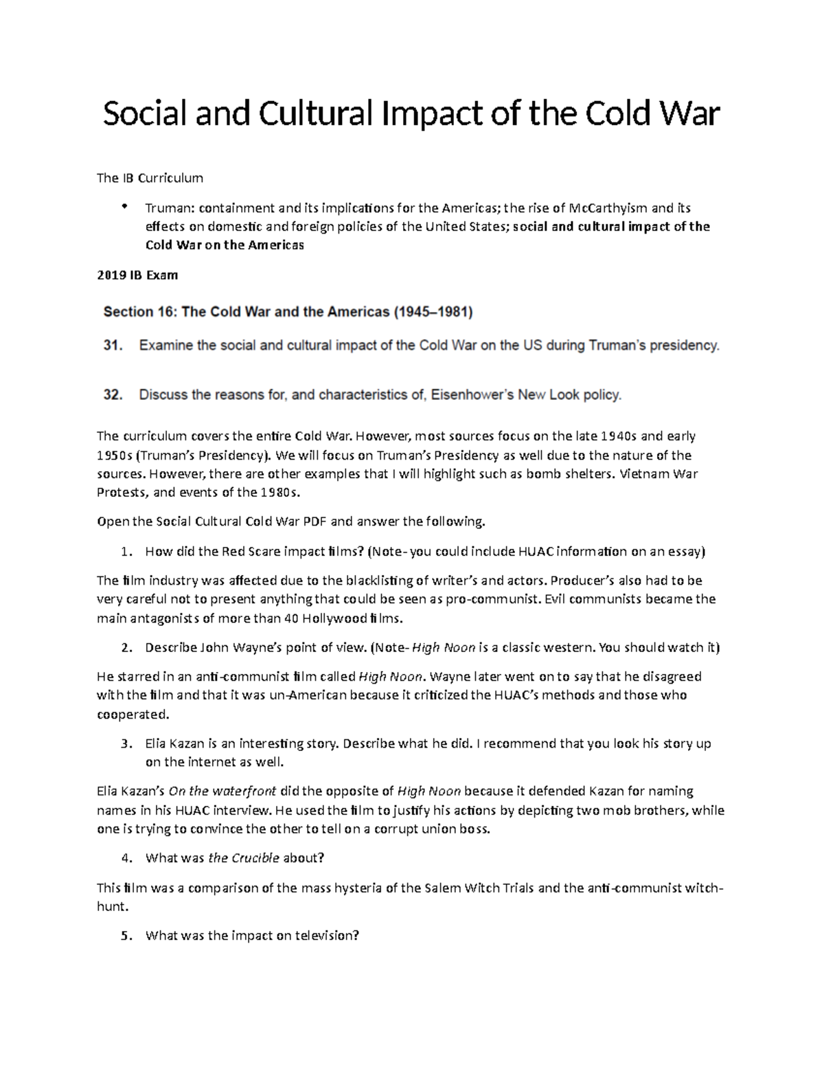 World History HL:SL The Cold War and The Americas - Social and Cultural ...