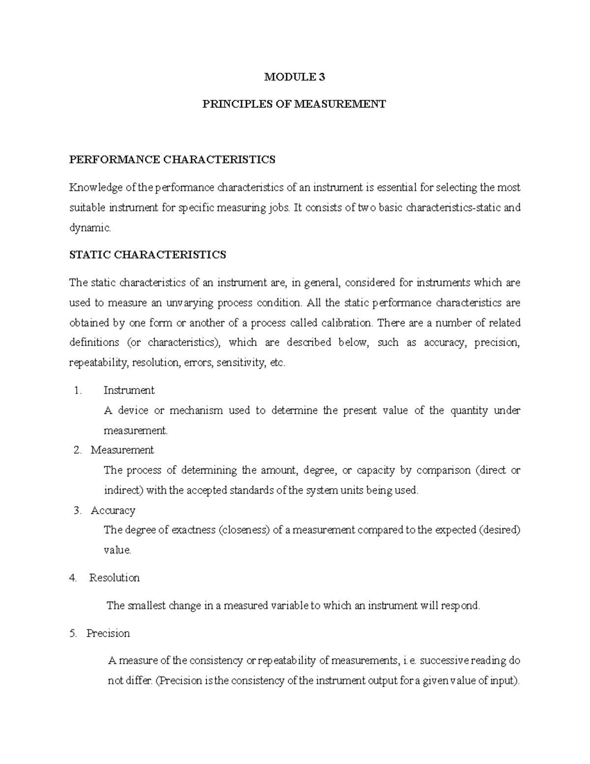 SI Module 3 - notes - MODULE 3 PRINCIPLES OF MEASUREMENT PERFORMANCE ...