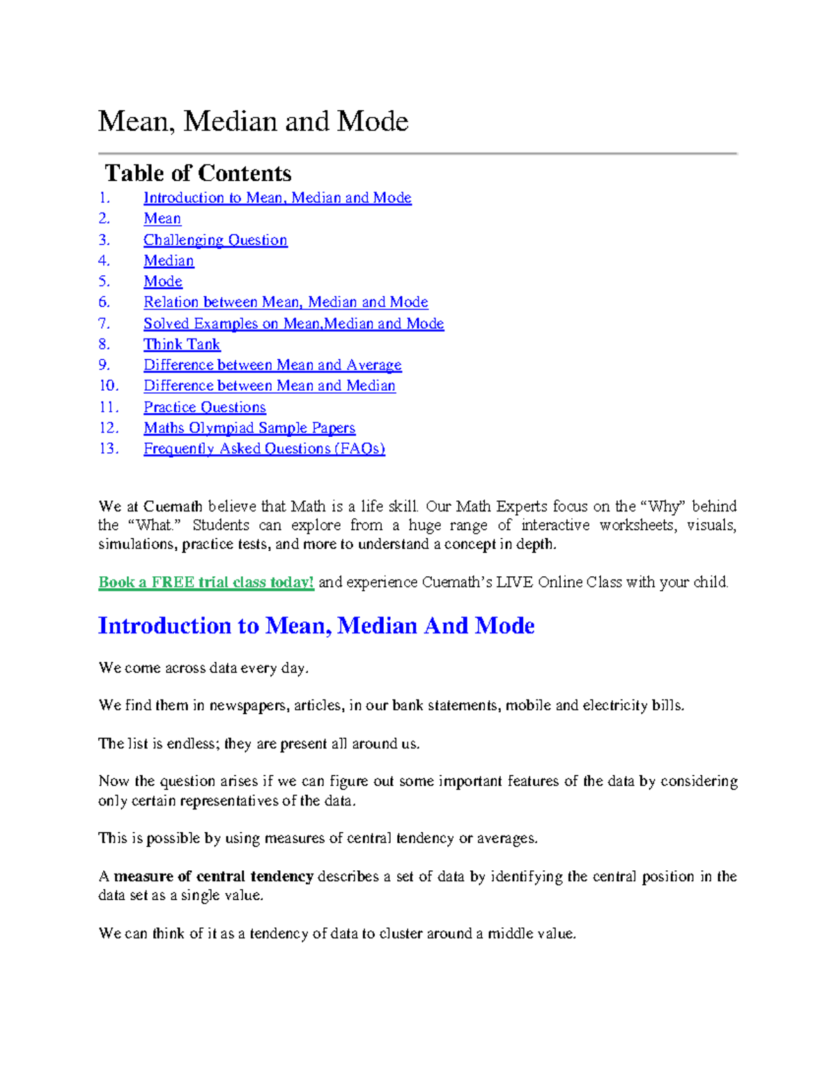 Mean - dfsdf - Mean, Median and Mode Table of Contents Introduction to ...