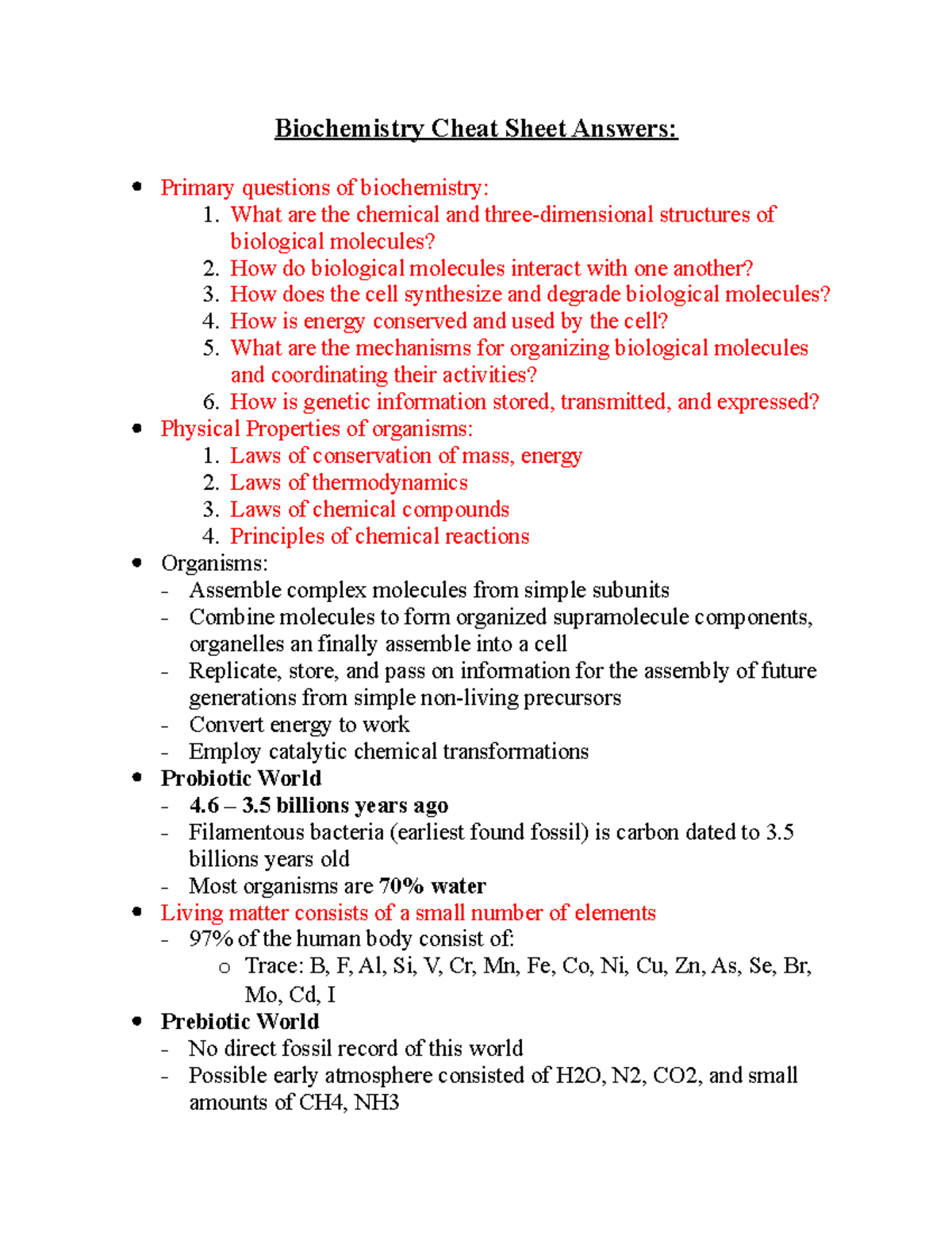 Biochemistry Lecture 1 Notes - Biochemistry Cheat Sheet Answers ...