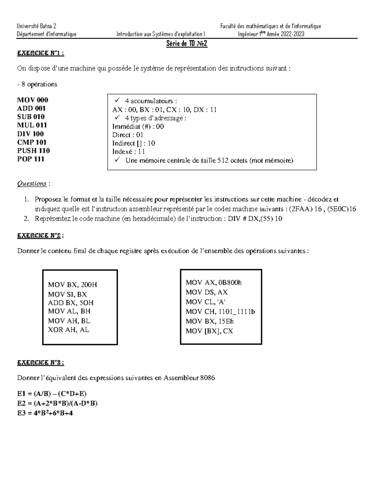 Serie de td n2 - Série de TD №2 - Université Batna 2 Faculté des mathématiques et de l ...