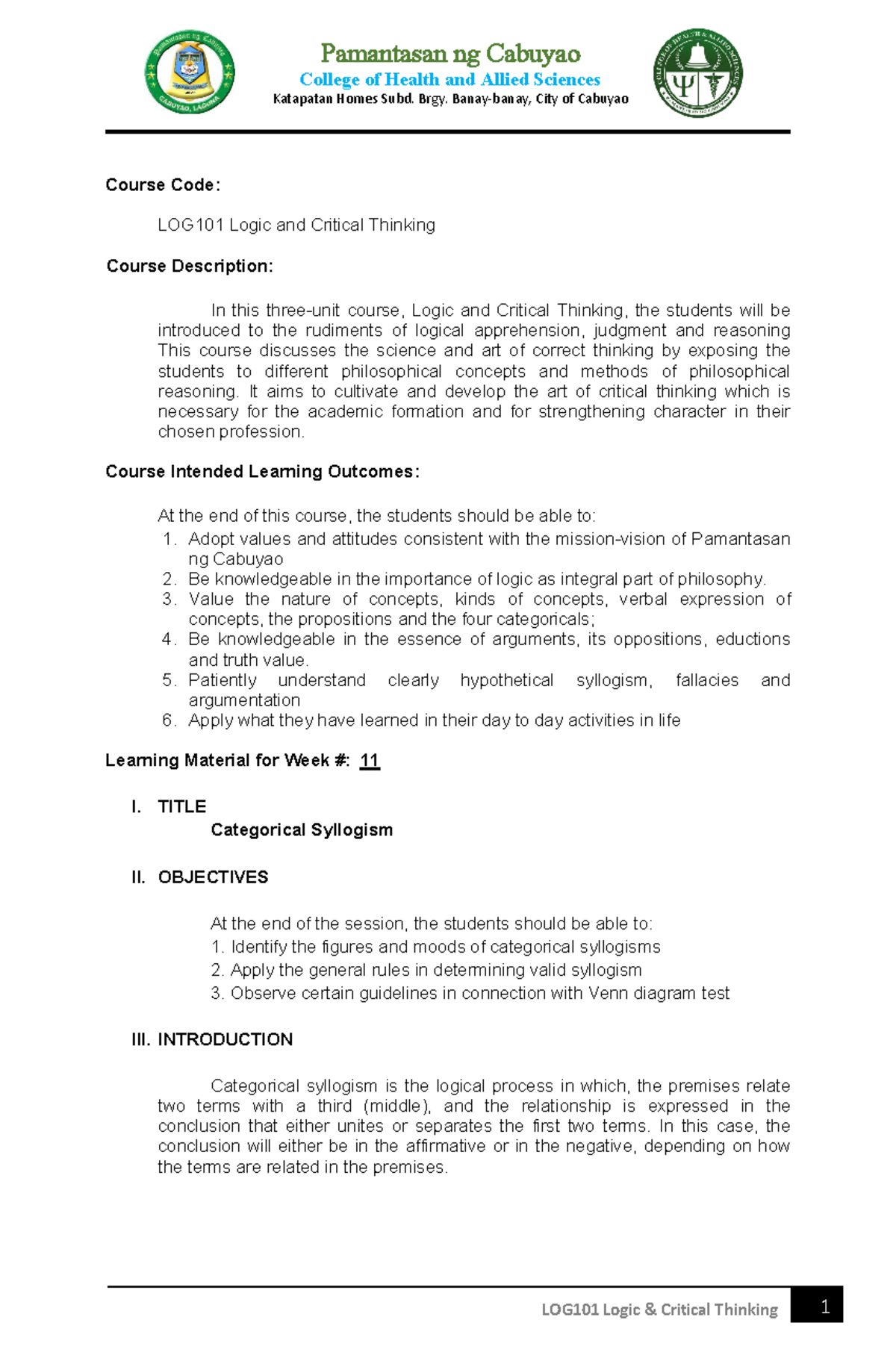 Week 11 LOG101 Logic & Critical Thinking Learning Material - College of Health and Allied ...
