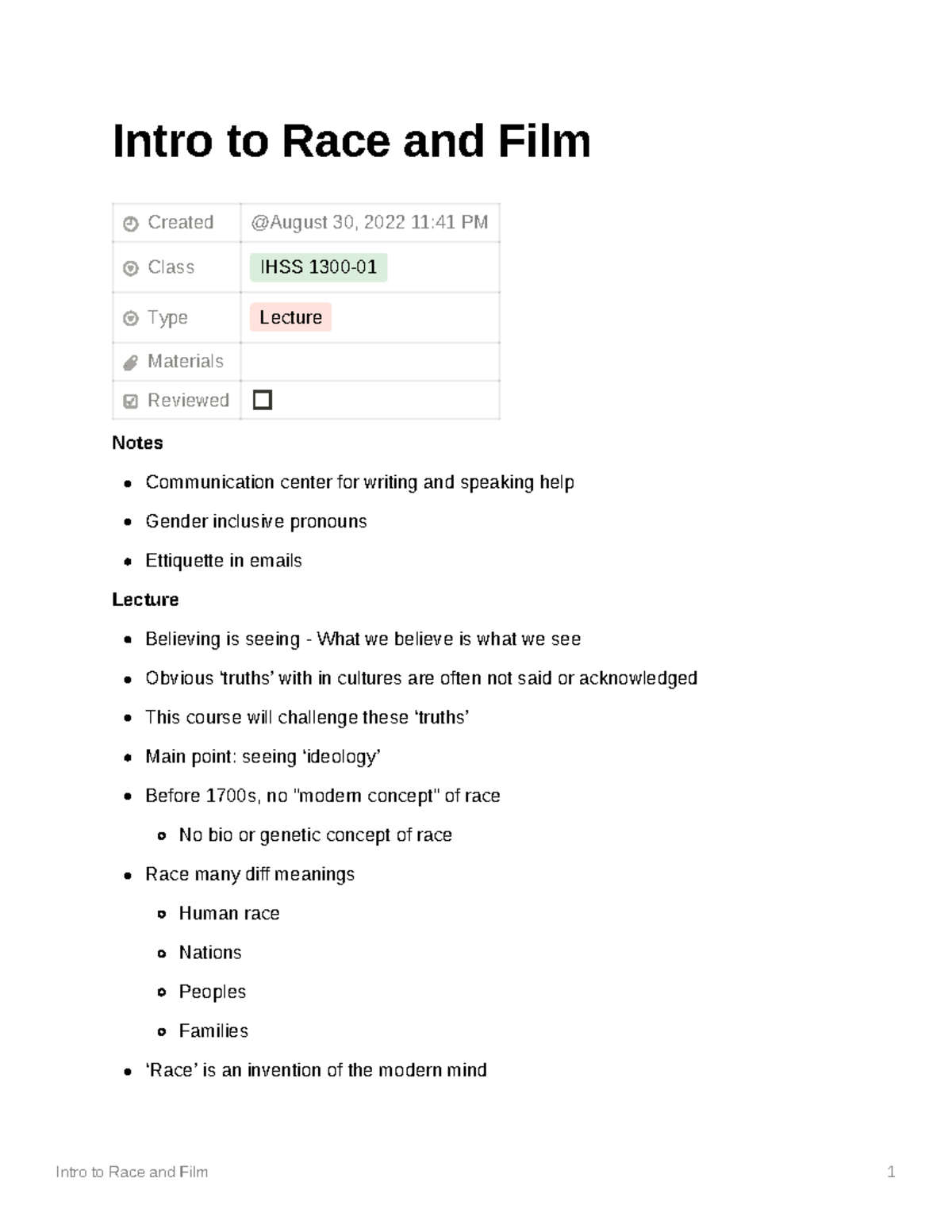 Intro to Race and Film Notes - Intro to Race and Film 1 Intro to Race ...