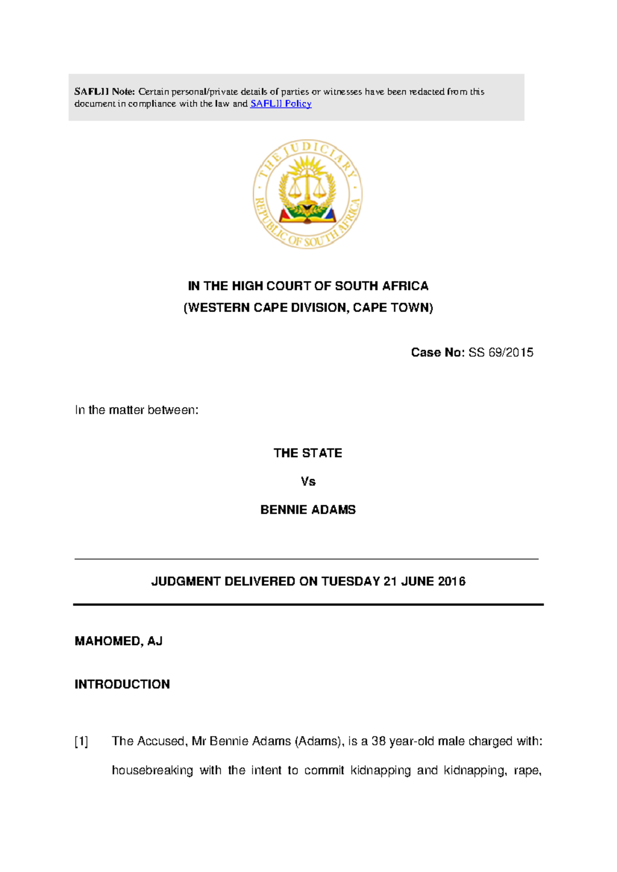 S v Adams case - SAFLII Note: document in compliance with the law and ...