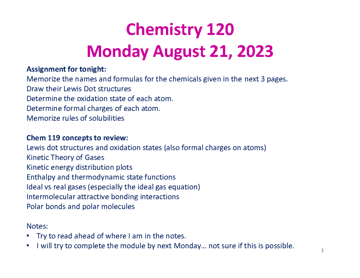 Chem 120 F2023 Module 1 - Chemistry 120Monday August 21, 2023 ...