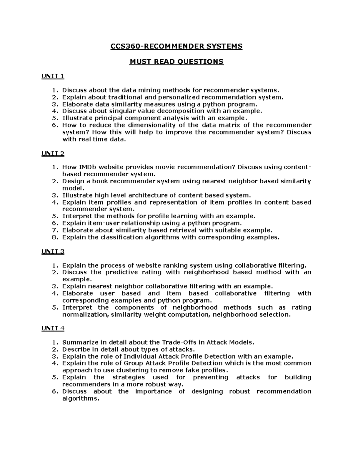 CCS360 RS Important questions - CCS360-RECOMMENDER SYSTEMS MUST READ QUESTIONS UNIT 1 Discuss ...