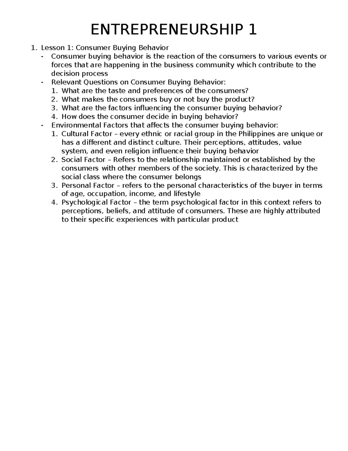 Entrepreneurship 1 - Essay Assignment - ENTREPRENEURSHIP 1 1. Lesson 1 ...