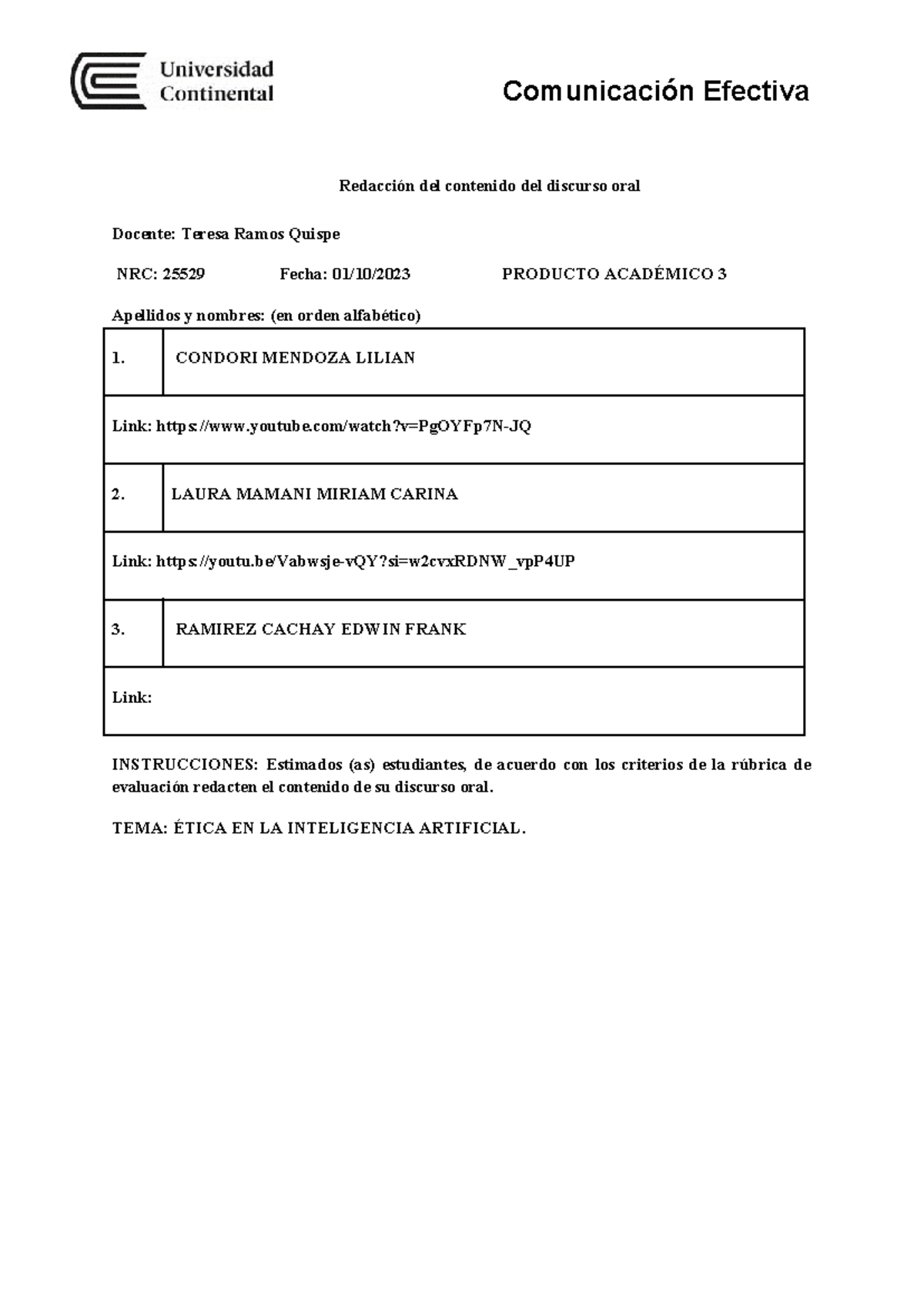 PA3 Comunicacion Efectiva - Redacción del contenido del discurso oral Docente: Teresa Ramos ...