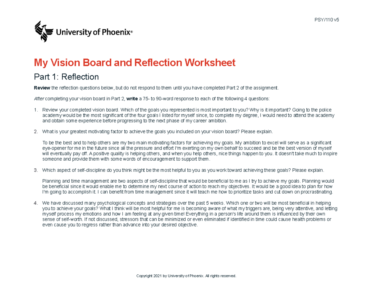 Psy110 v5 wk5 my vision board and reflection worksheet - PSY/110 v My ...