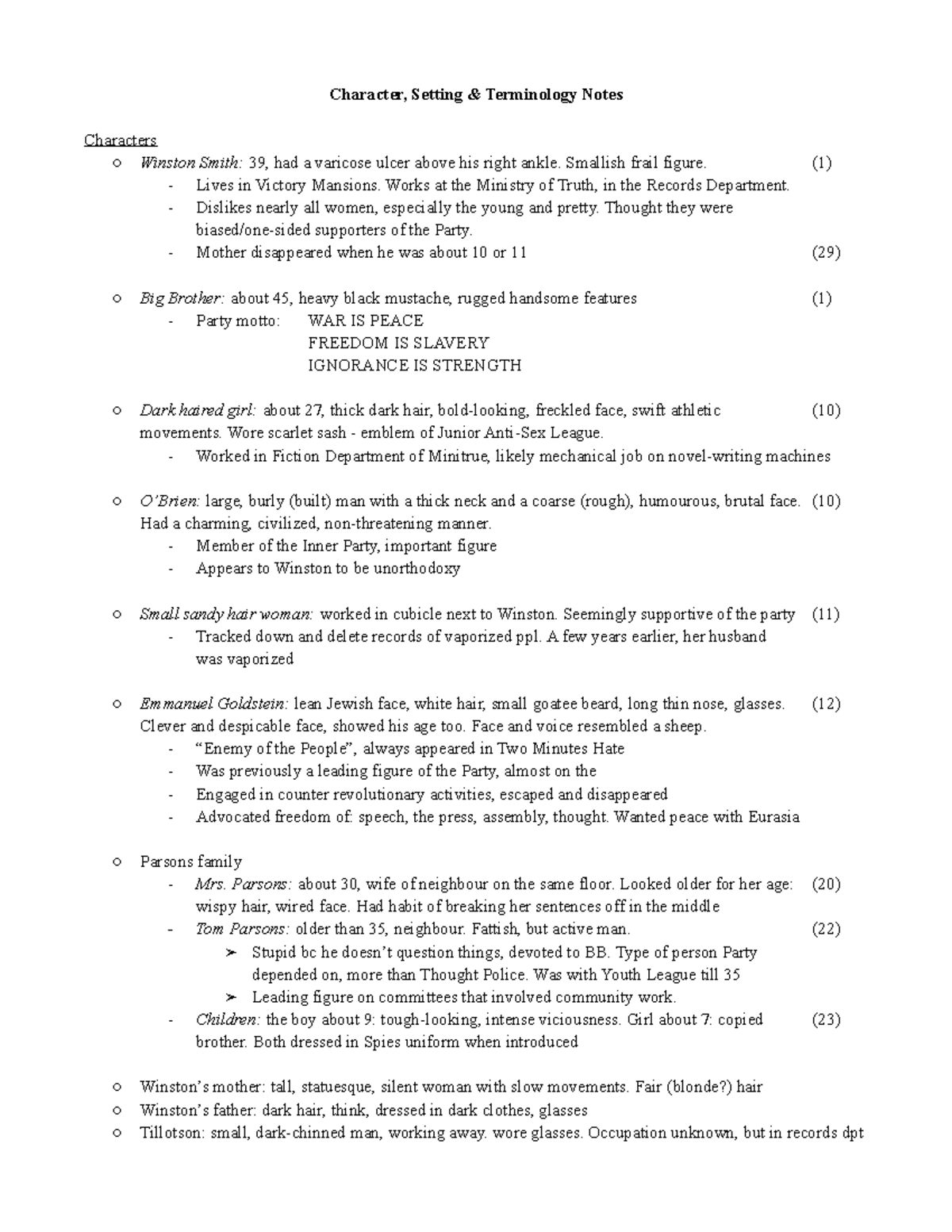 Character, Setting & Terminology Notes - Character, Setting ...