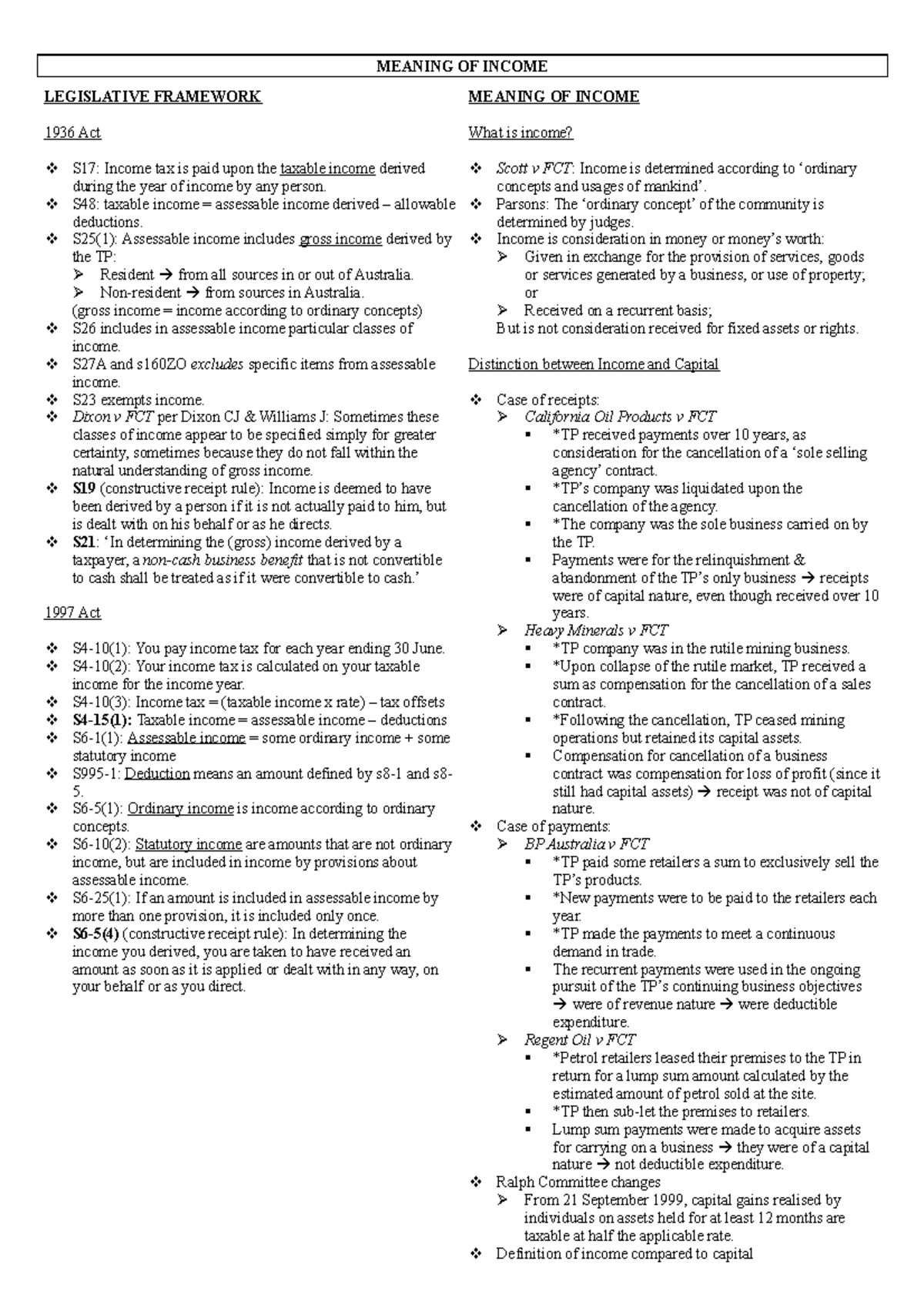 Tax 1 - law notes - MEANING OF INCOME LEGISLATIVE FRAMEWORK 1936 Act ...