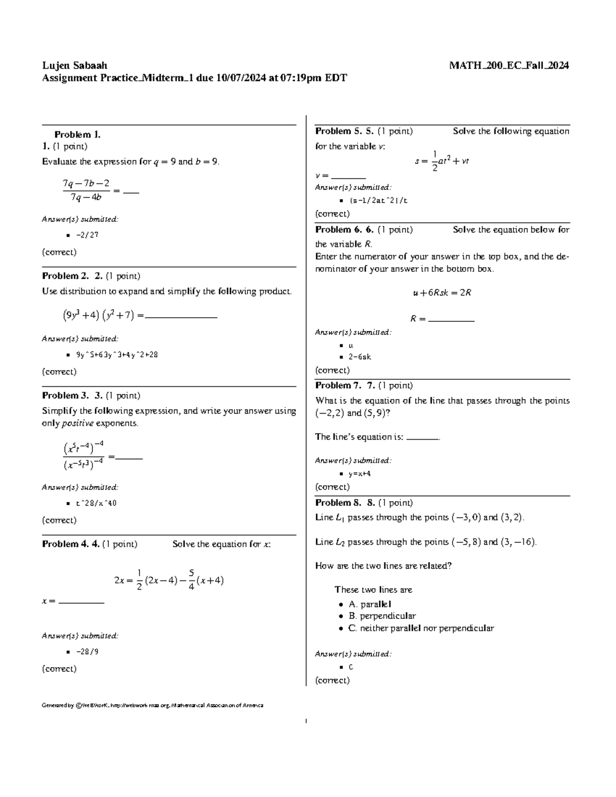 Practice test 1 - Lujen Sabaah MATH 200 EC Fall 2024 Assignment ...