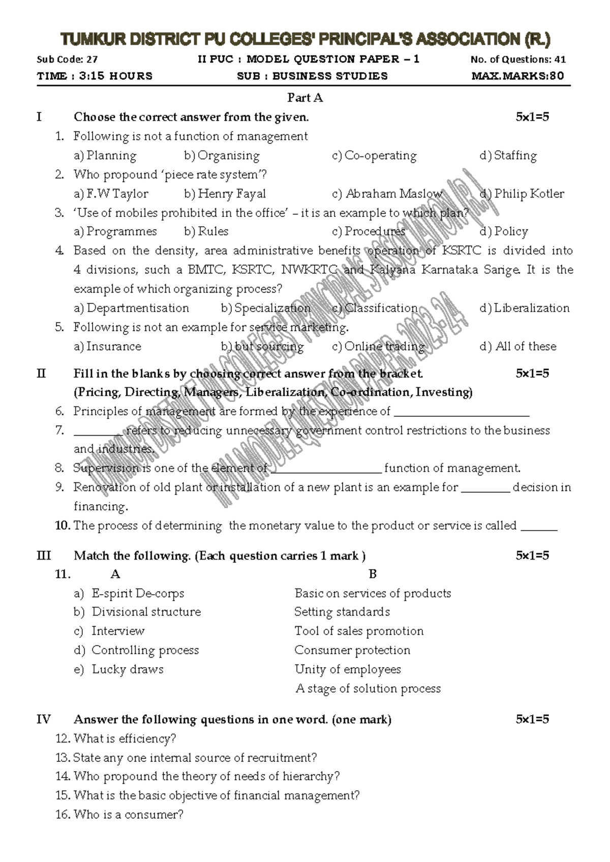 Business studies two model question papers Tumkur - Sub Code: 27 II PUC ...