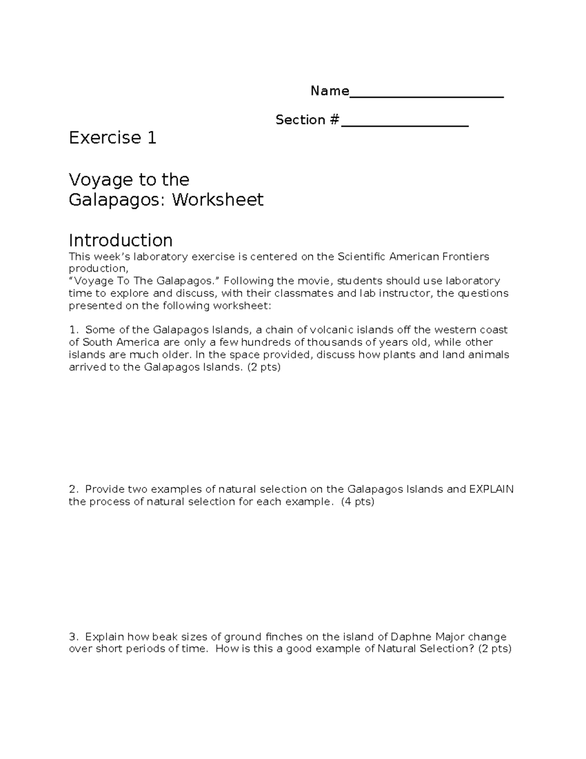 Galapagos Worksheet 2022 - Name_______________________ Section ...