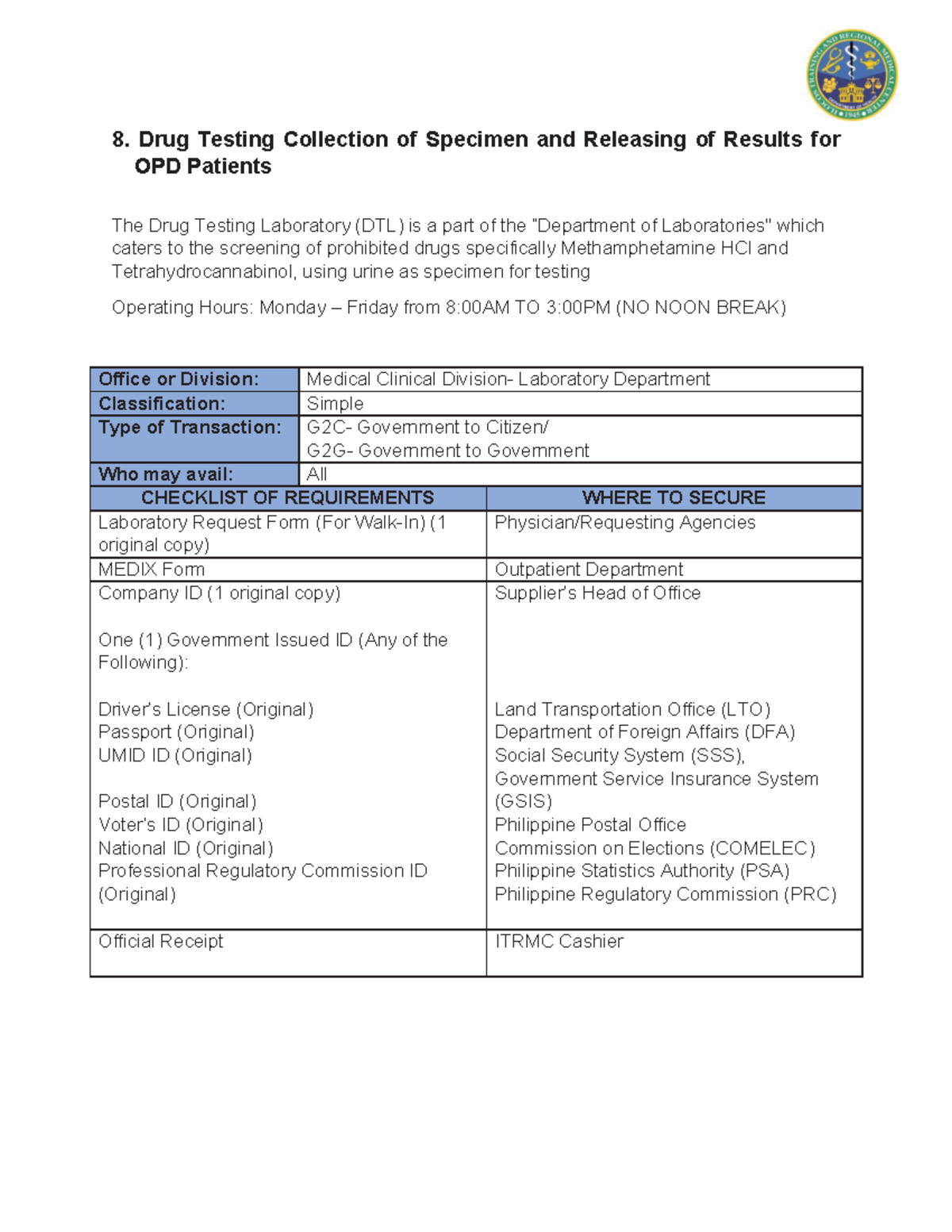 Drug Testing Collection of Specimen and Releasing of Results for OPD ...