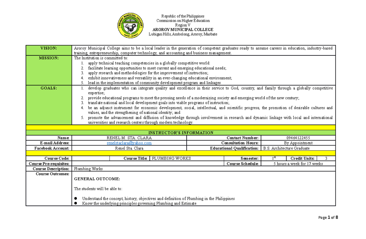 Plumbing Syllabus - Commission on Higher Education Region V AROROY ...