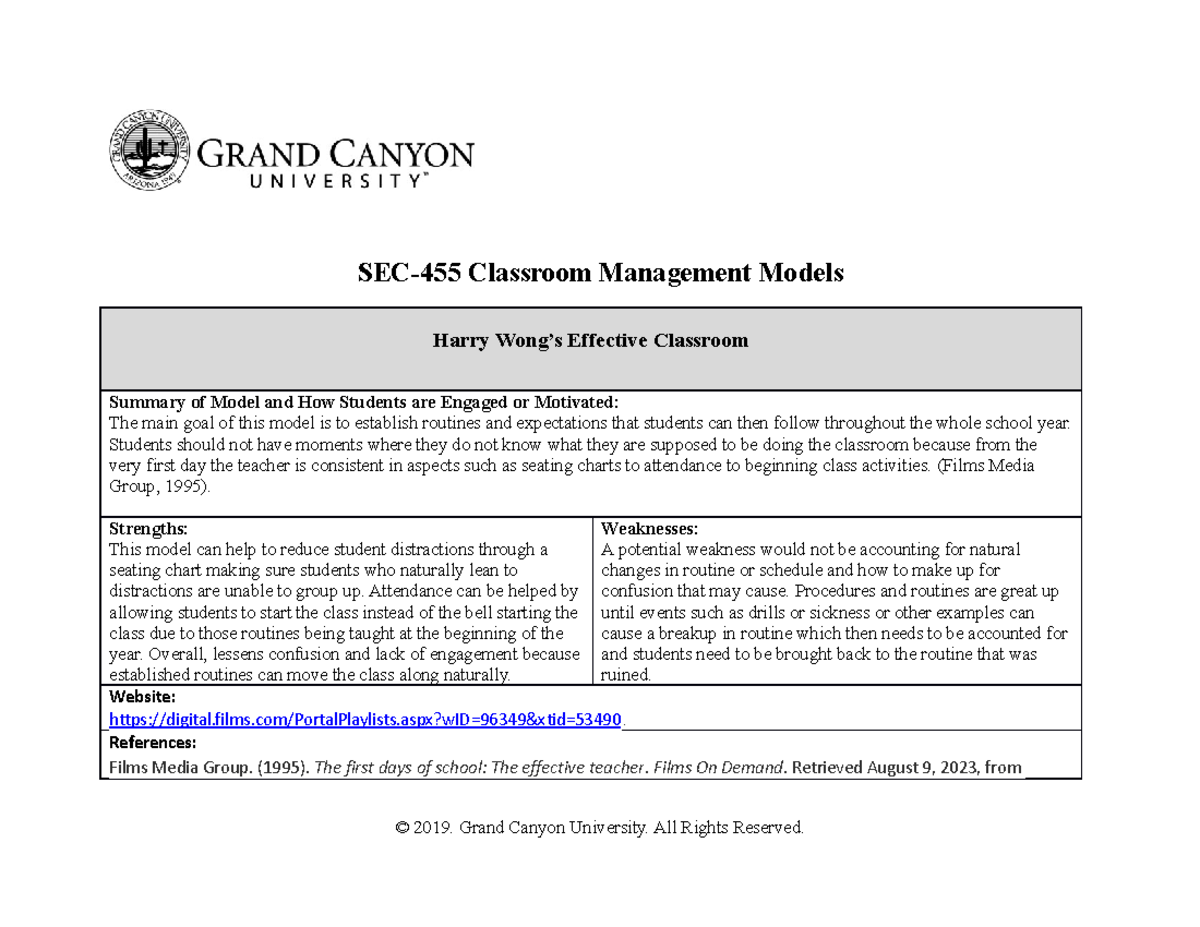 SEC 455 T1 Class Manage Models - SEC-455 Classroom Management Models Harry Wong’s Effective ...
