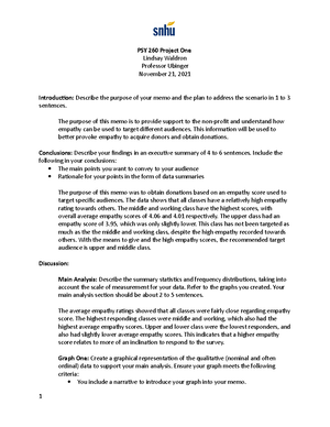 PSY260 Project Two - 1 Project Two Southern New Hampshire University PSY 260: Statistical - Studocu