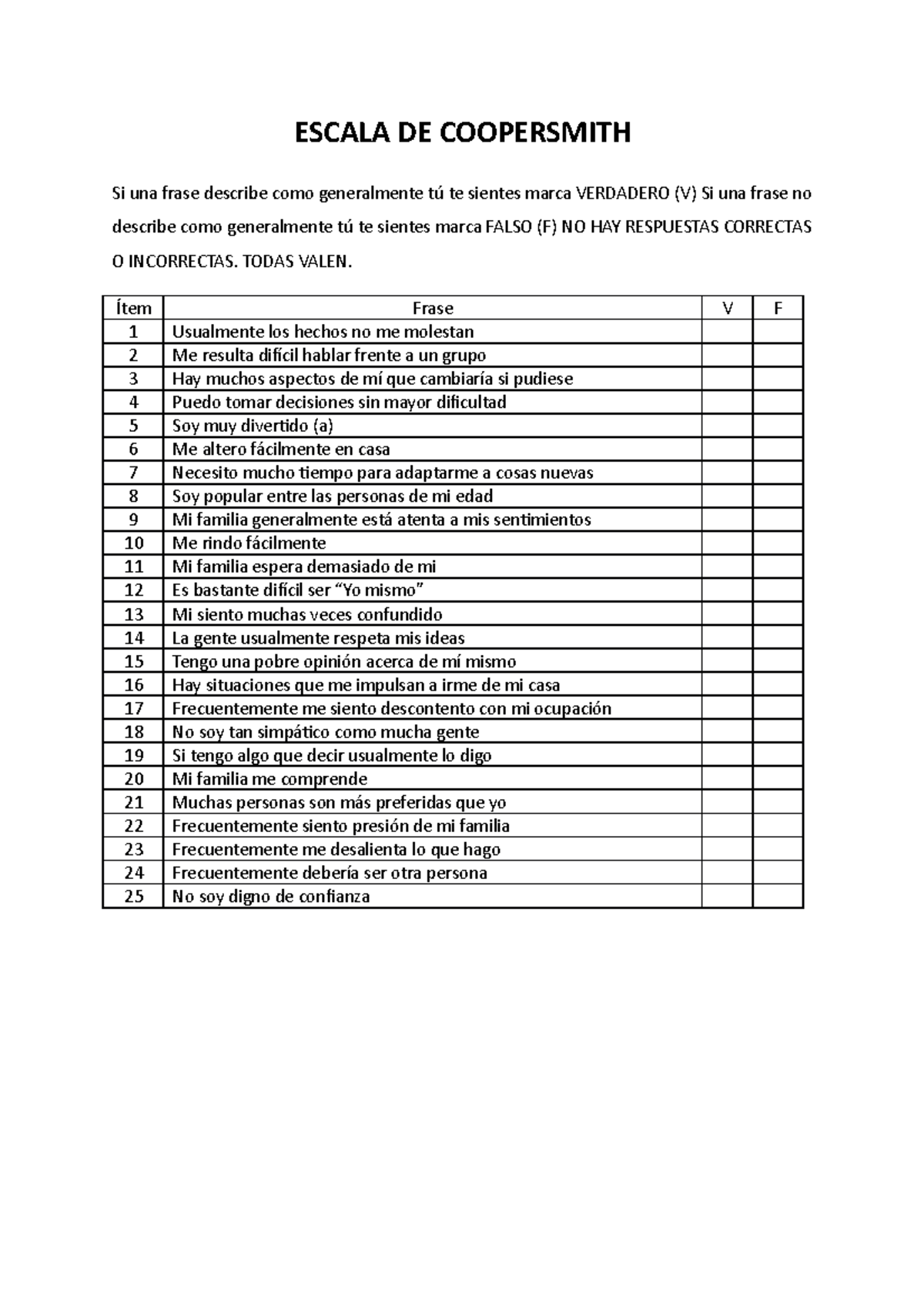 Escala de autoestima Coopersmith - ESCALA DE COOPERSMITH Si una frase ...