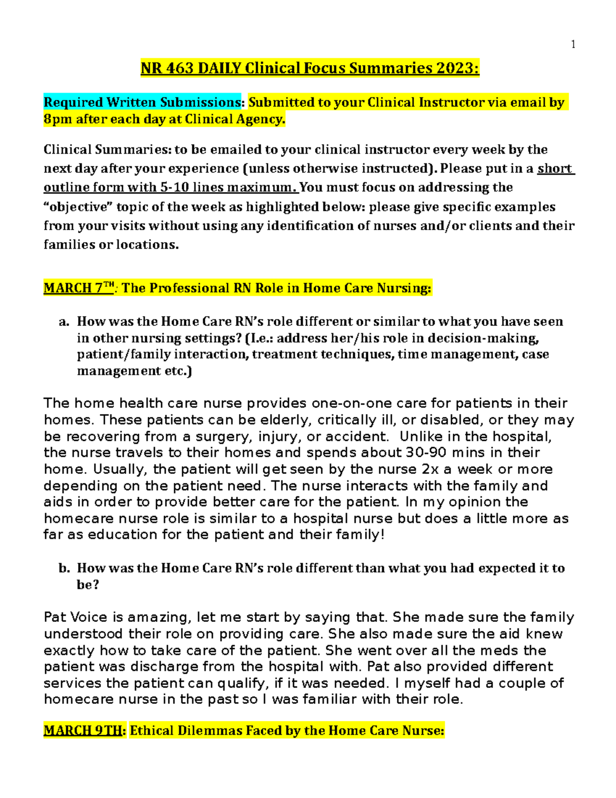 Homecare clinical - n/a - NR 463 DAILY Clinical Focus Summaries 2023 ...