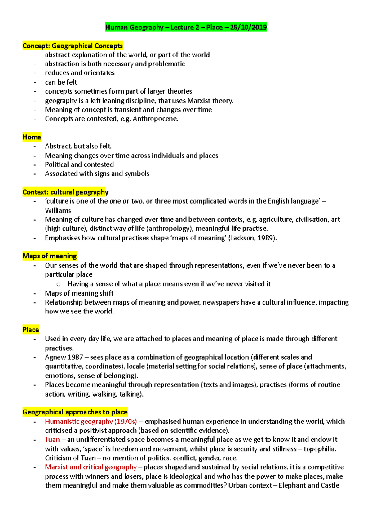 L2 - Place Lecture - Human Geography – Lecture 2 – Place – 25/10 ...