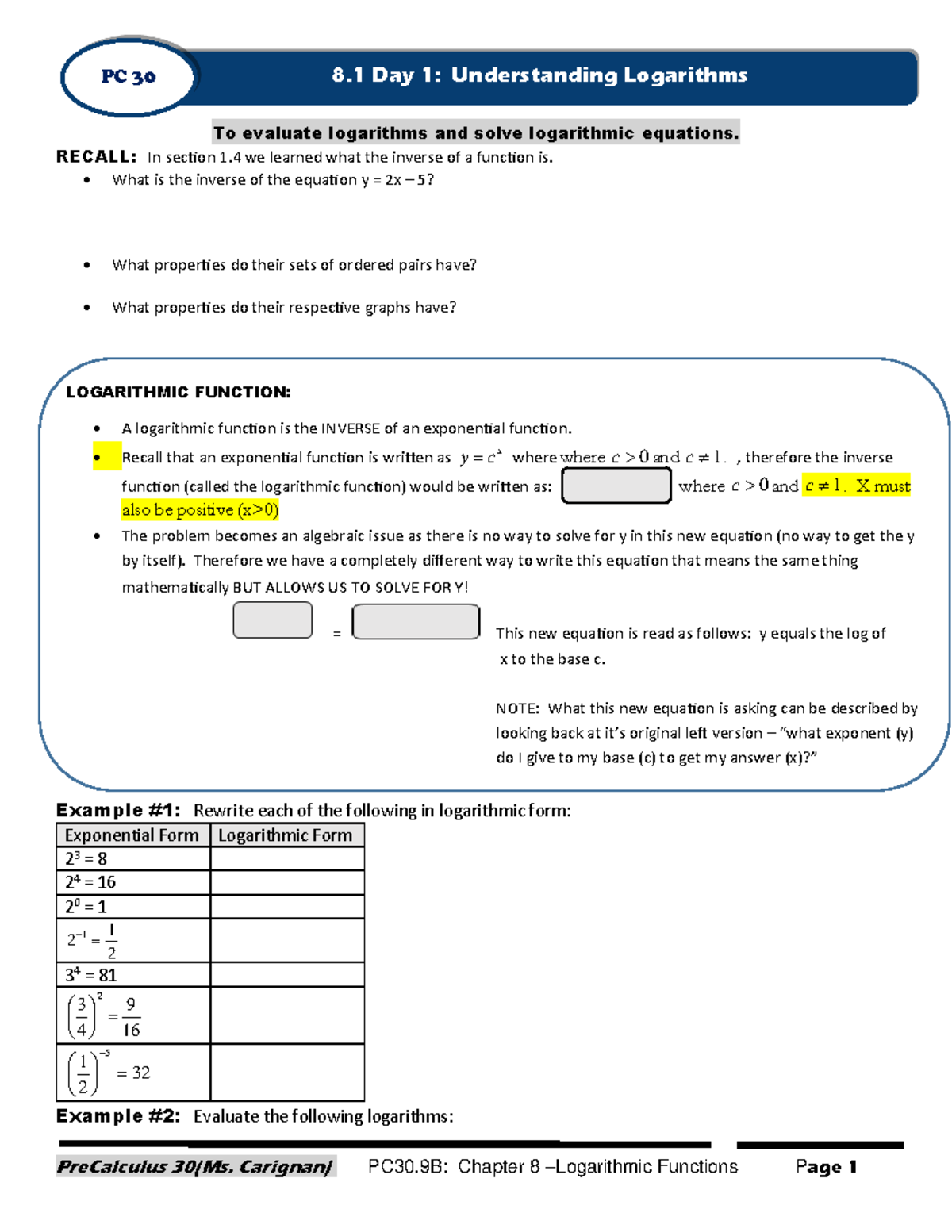2018 student notes for chapter 8c logarithmic functions pc 30 - To ...