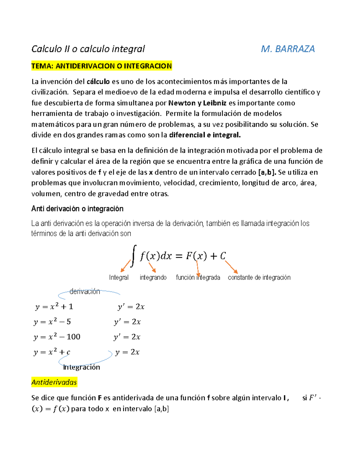 Calculo II 1. clase Antidrerivacion Marbar - Calculo II o calculo ...