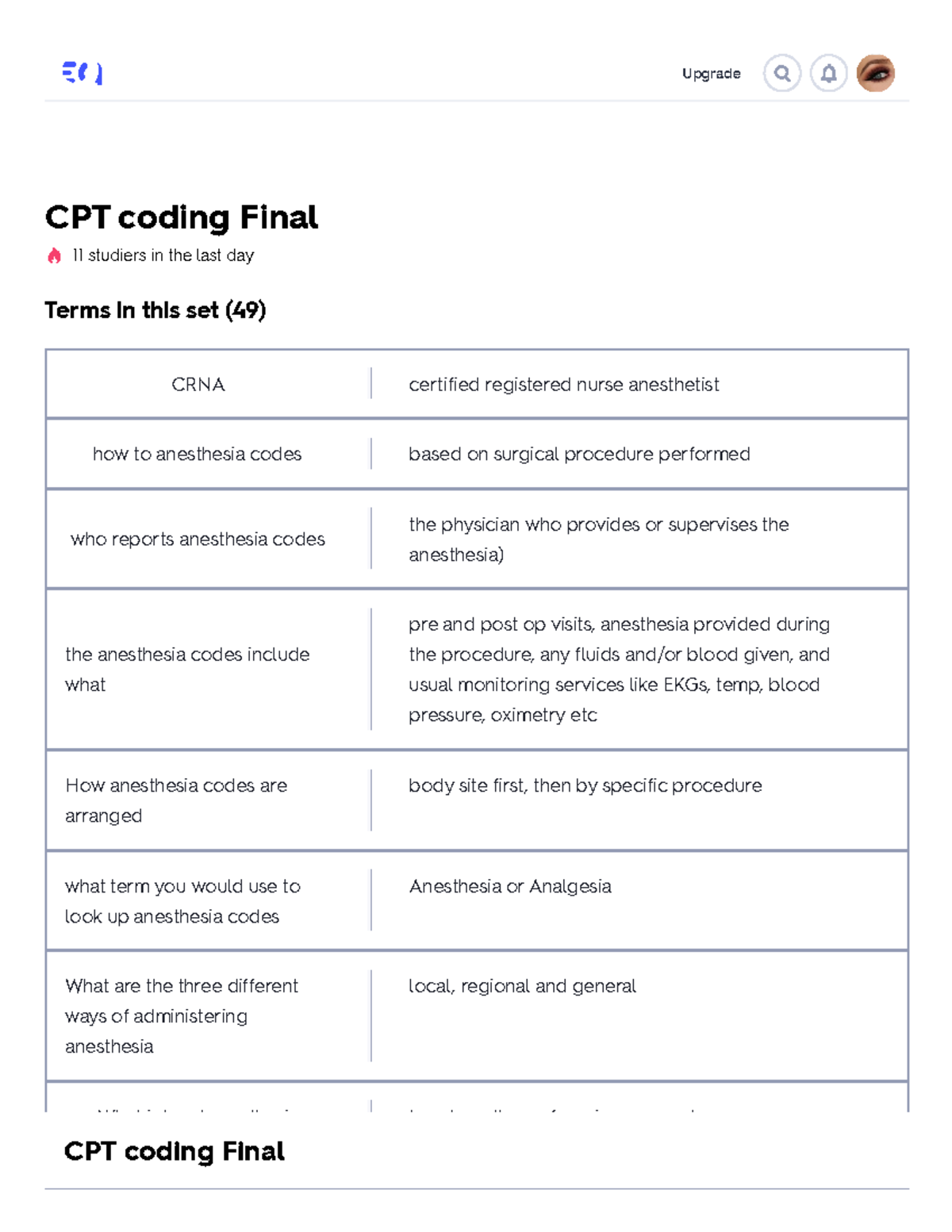 CPT Coding Final Exam Study Guide - Upgrade CPT coding Final 11 studiers in the last day Terms ...
