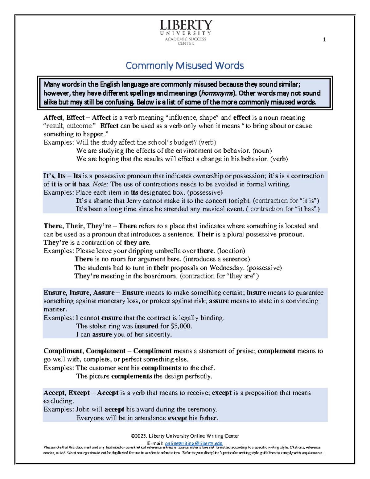 Commonly-Misused-Words - 1 ©202 3 , Liberty University Online Writing ...