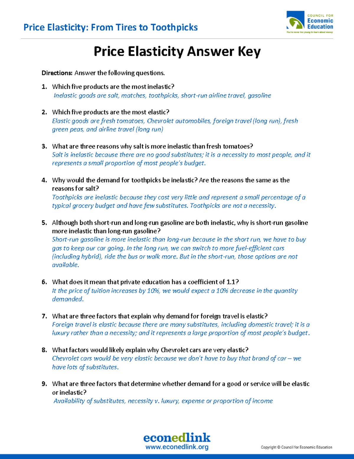 Price Elasticity Assessmeent Answers - Price Elasticity: From Tires to ...