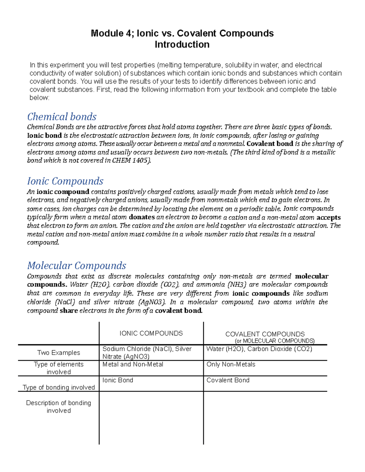 Module 4 Ionic vs. Covalent - Module 4; Ionic vs. Covalent Compounds ...