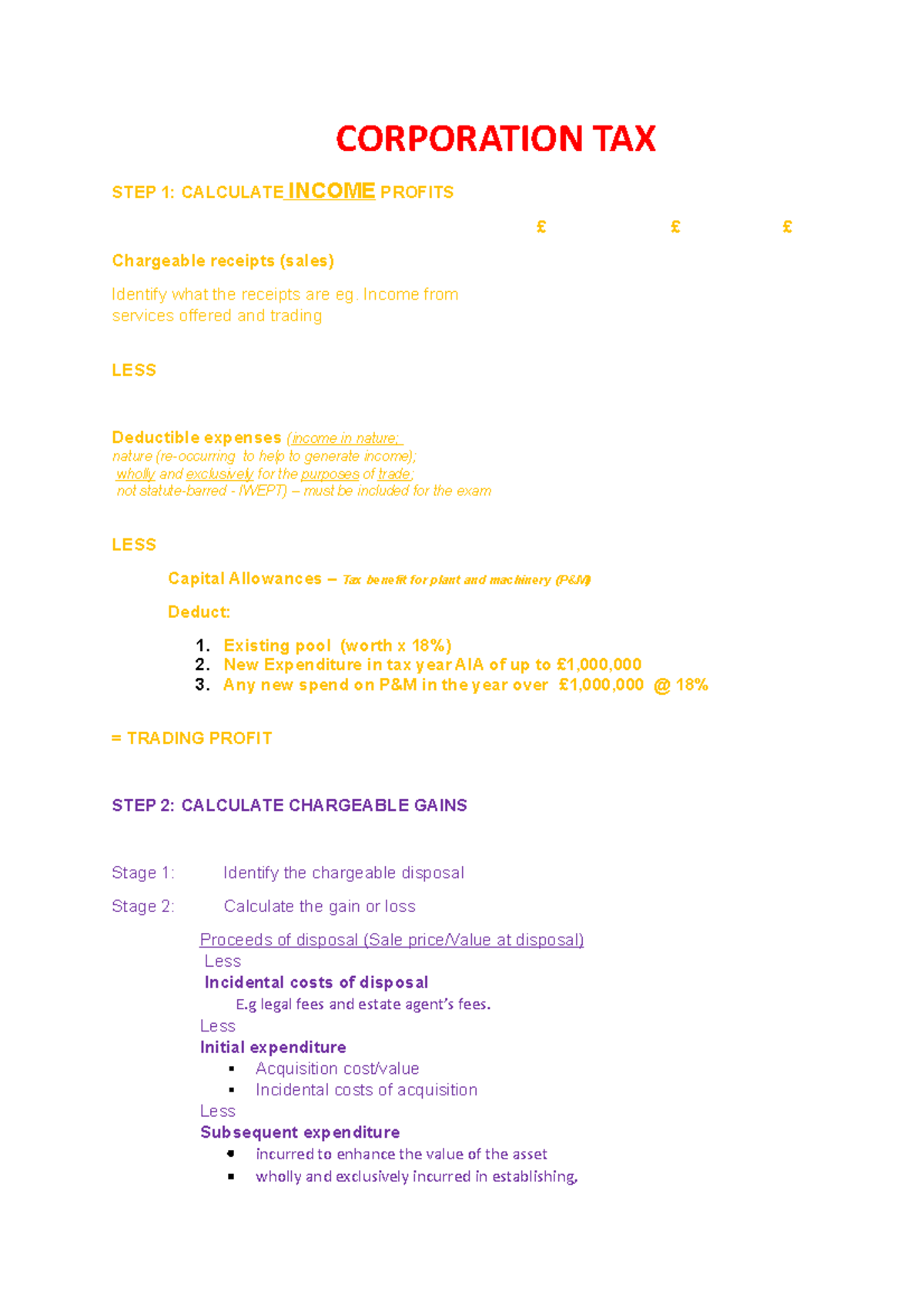 Template - Coroporation Tax - CORPORATION TAX STEP 1: CALCULATE INCOME ...
