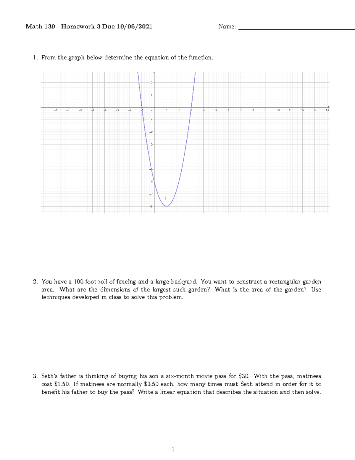 Calculus and understanding functions - Math 130 - Homework 3 Due 10/06 ...