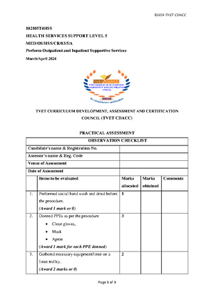 HSS level 4 Practical assessment checklist (infection prevention and ...