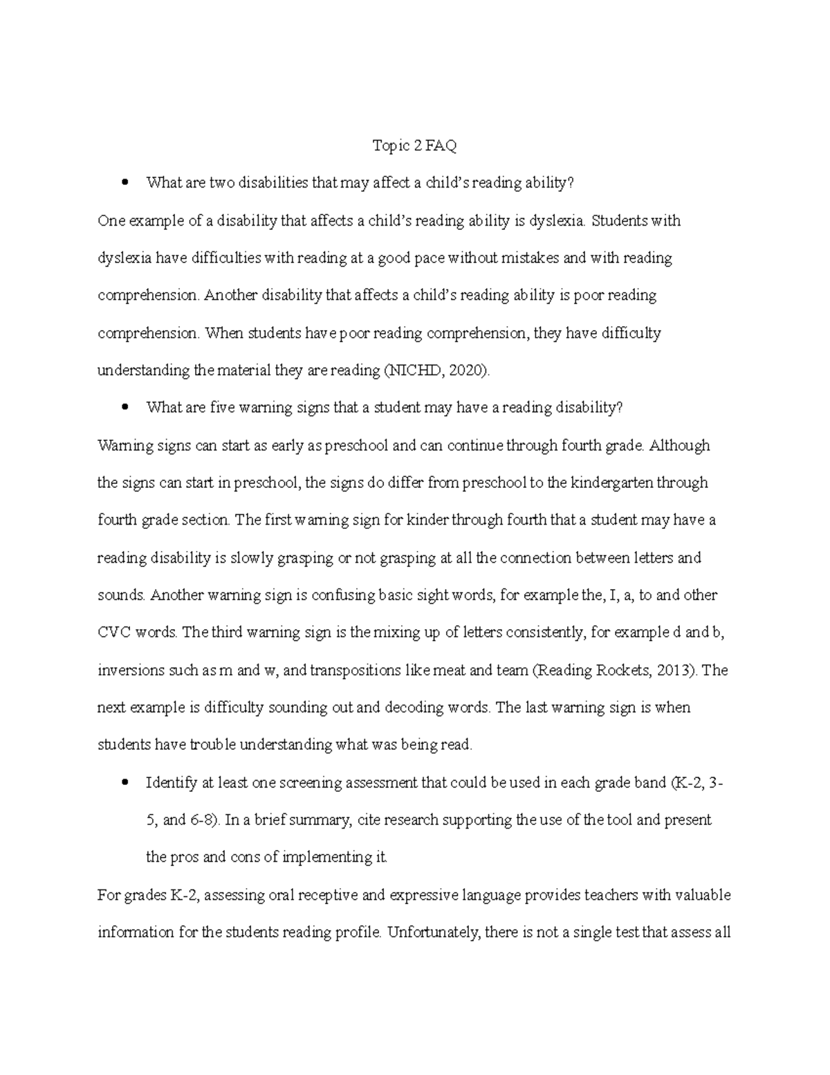 REA 325 Topic 2 FAQ - Topic 2 FAQ What are two disabilities that may ...