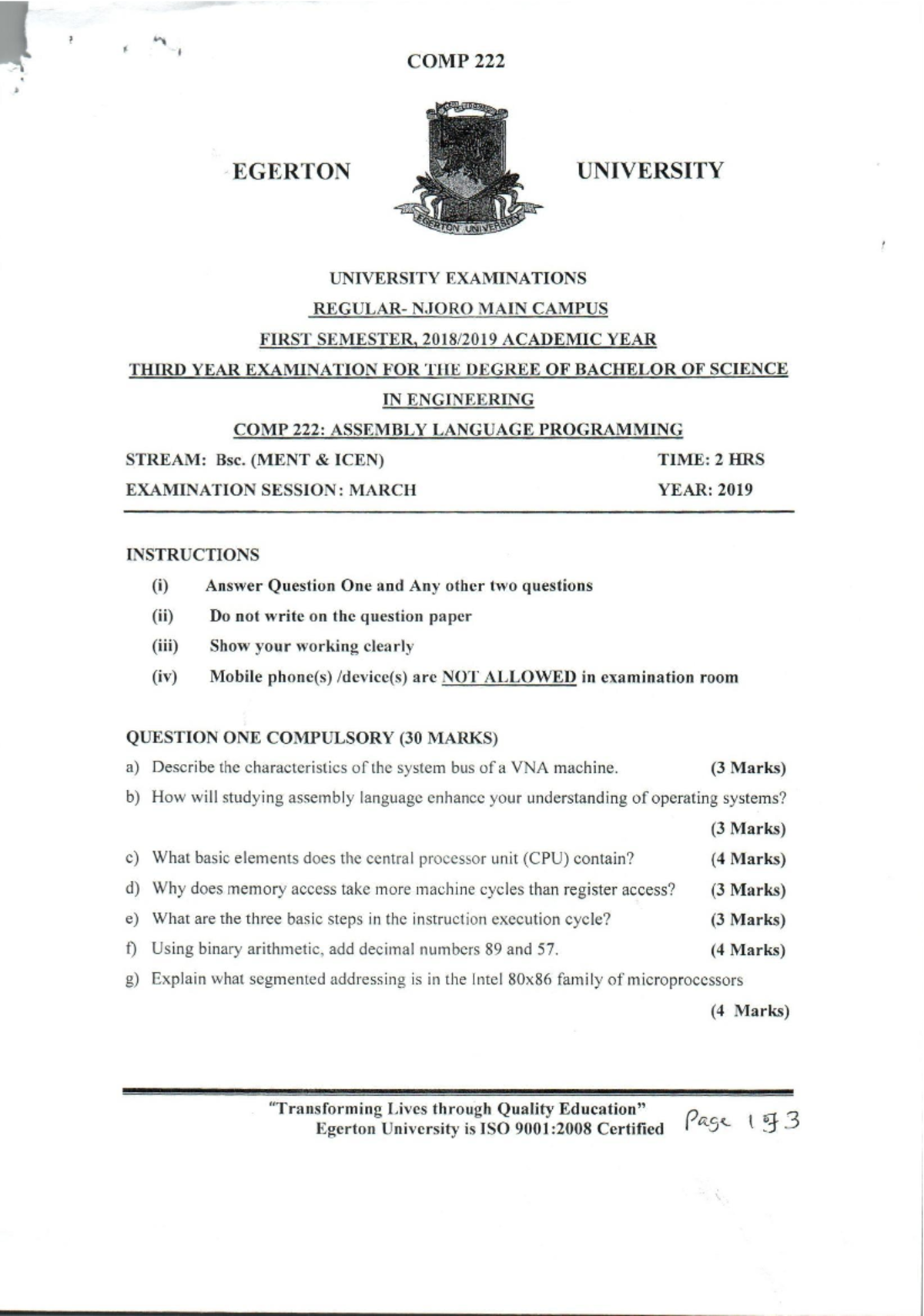 Comp 222 March 2019 Assembly Language Programming Computer Science