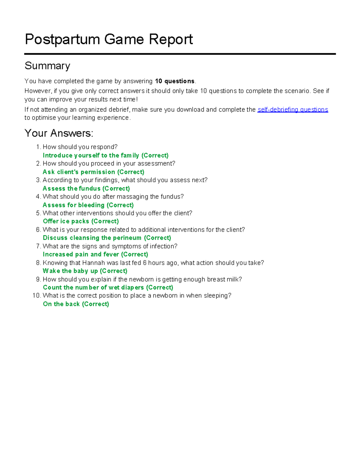 Postpartum game report - Postpartum Game Report Summary You have ...