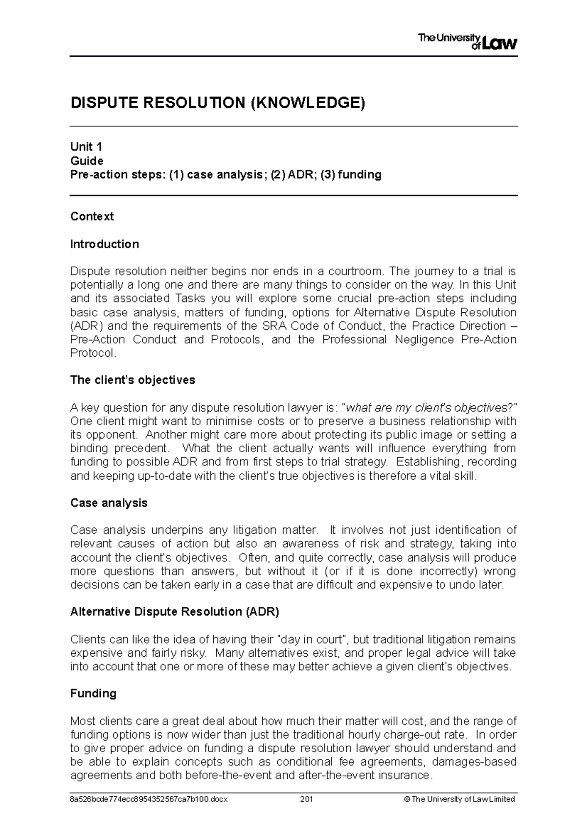 Case Analysis, Pre-Action Protocol, Funding - DISPUTE RESOLUTION (KNOWLEDGE) Unit 1 Guide Pre ...