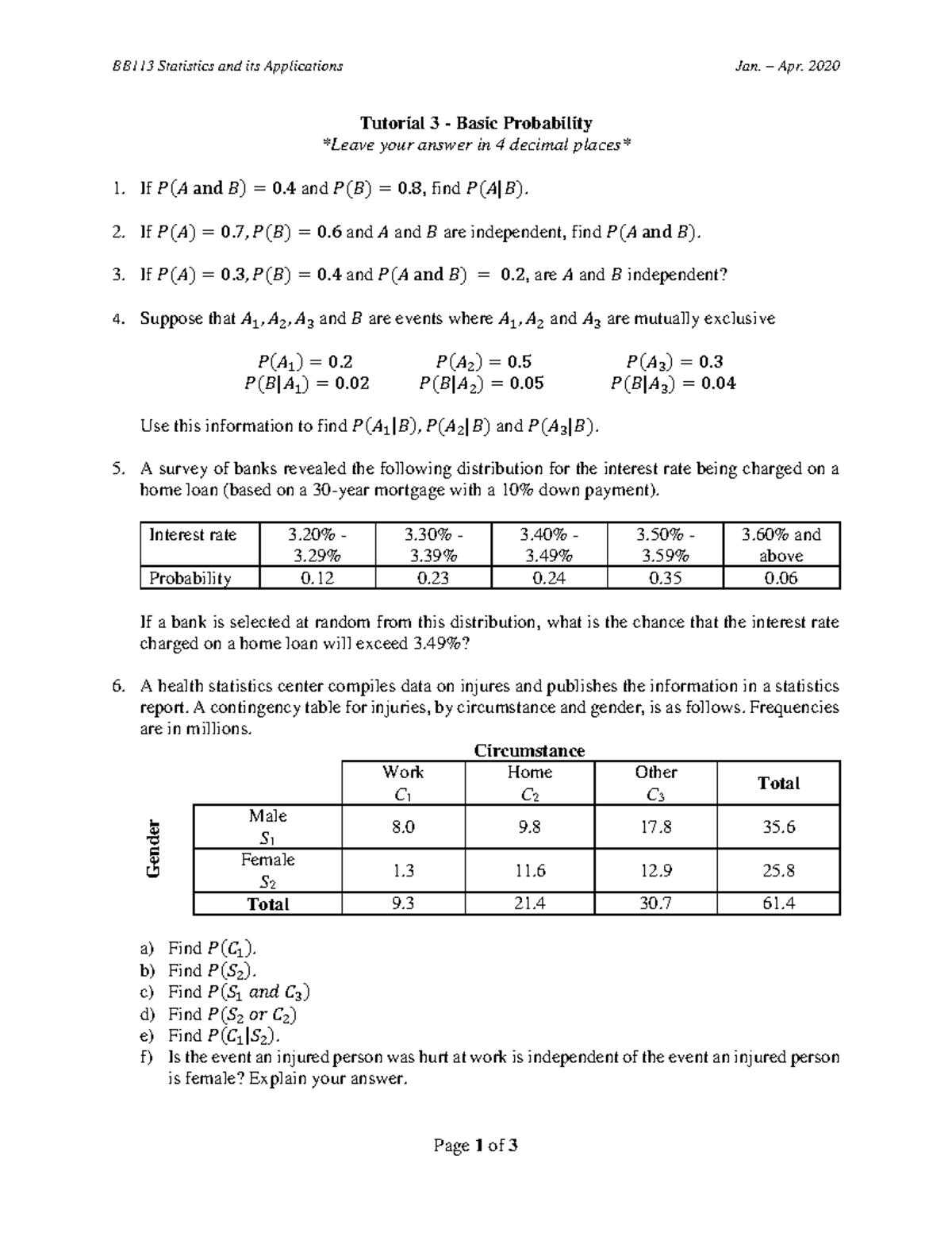 Tutorial 3 - Basic Probability - Warning: TT: undefined function: 32 BB113 Statistics and its ...