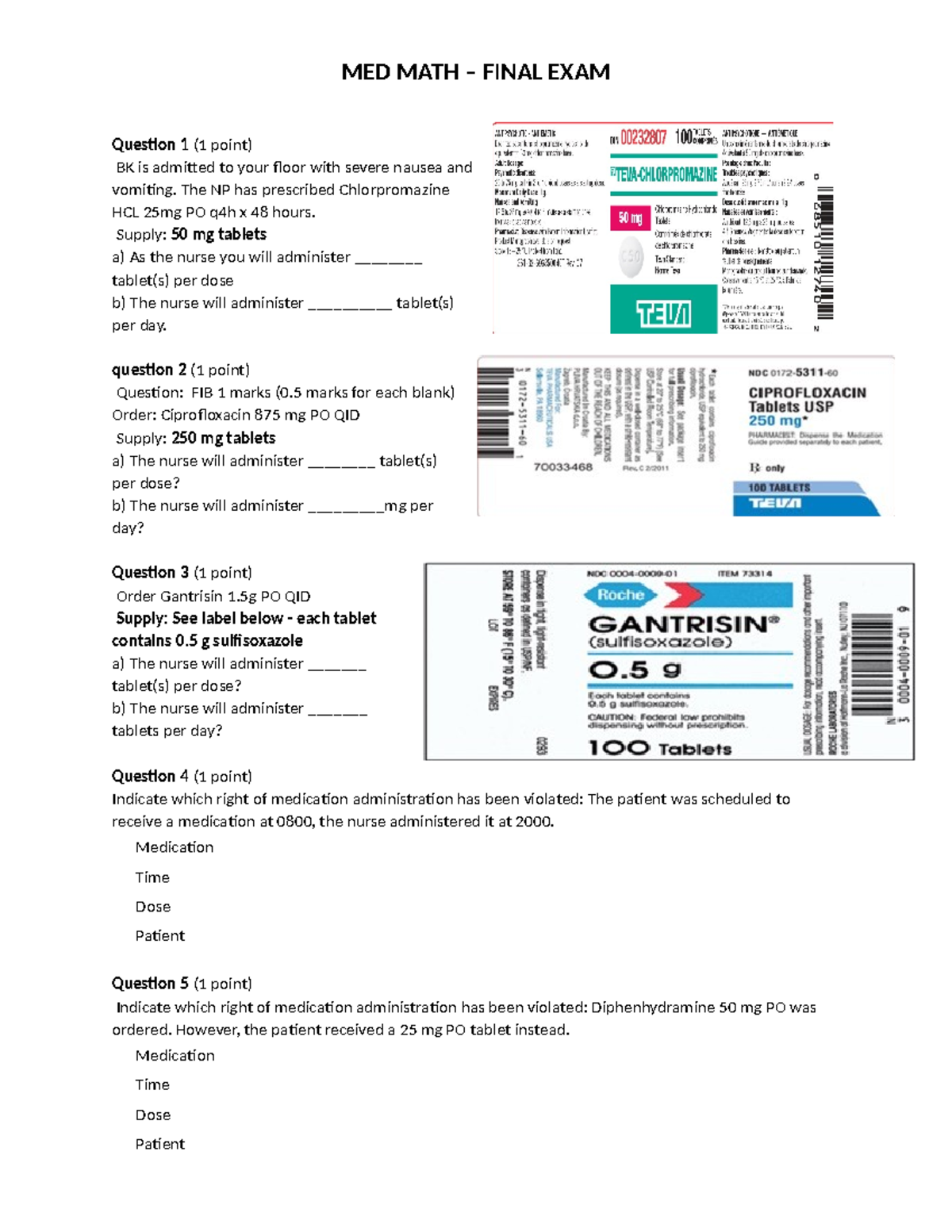 MED MATH - Final EXAM - PSW to PN - Bridge math - MED MATH – FINAL EXAM ...