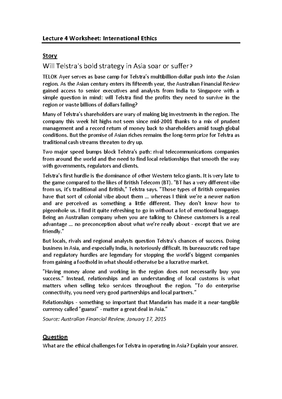 2021 Lecture 4 International Ethics Worksheet Answers - Lecture 4 ...