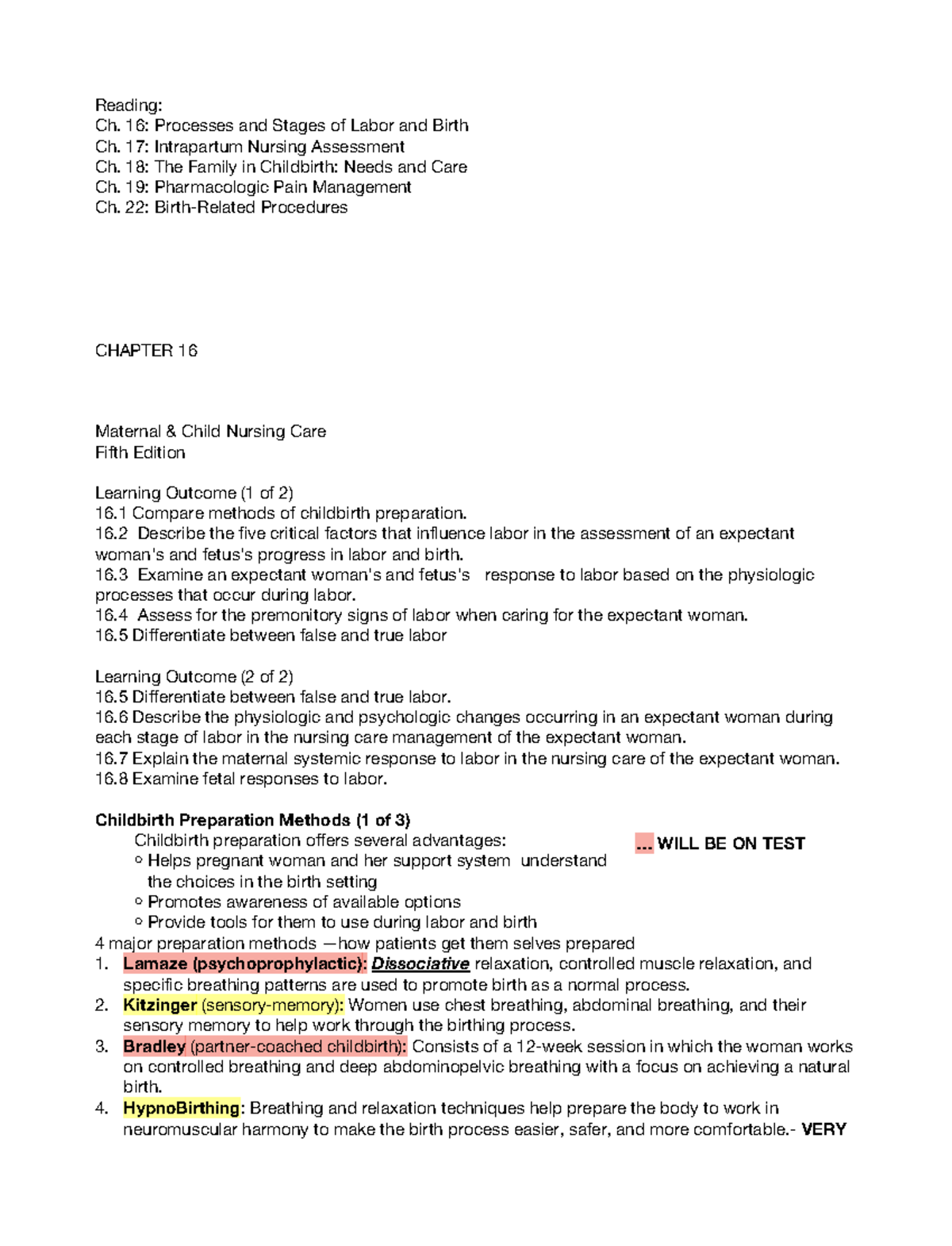 Chapter 16 - Nsg - Reading: Ch. 16: Processes and Stages of Labor and ...