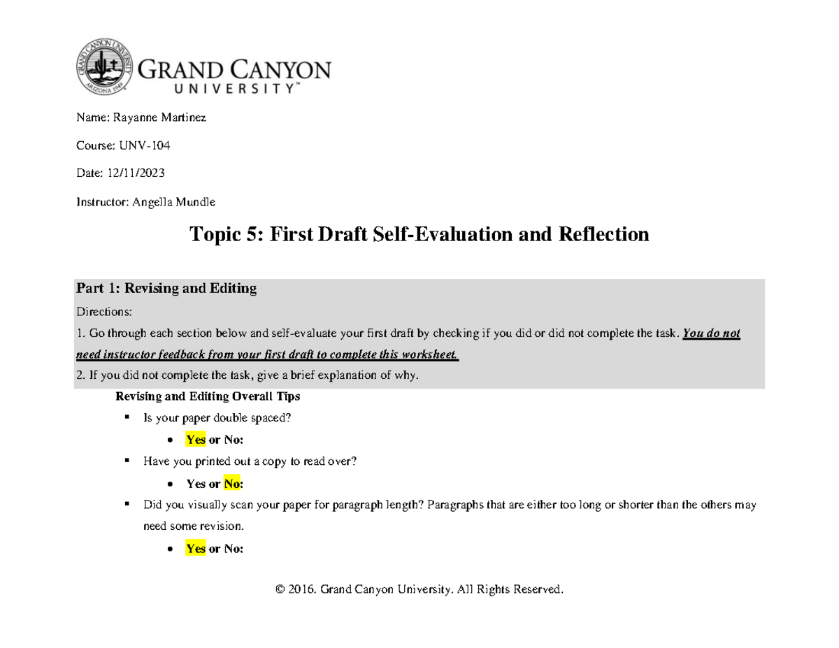 UNV 104 RS T5 First Draft Self Evaluationand Reflection - Name: Rayanne ...