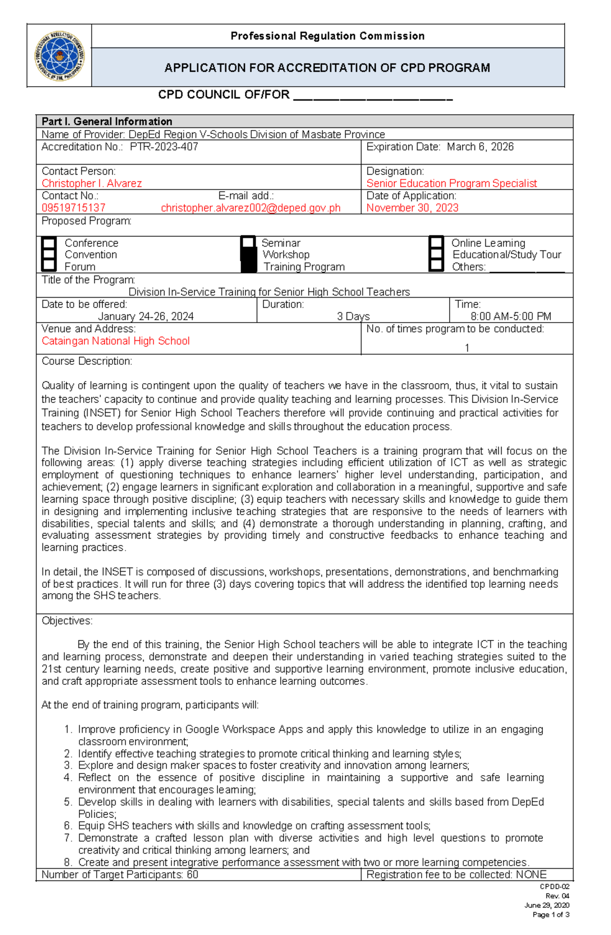 1 Application for Accreditation - CPDD- Rev. 04 June 29, 2020 Page 1 of ...