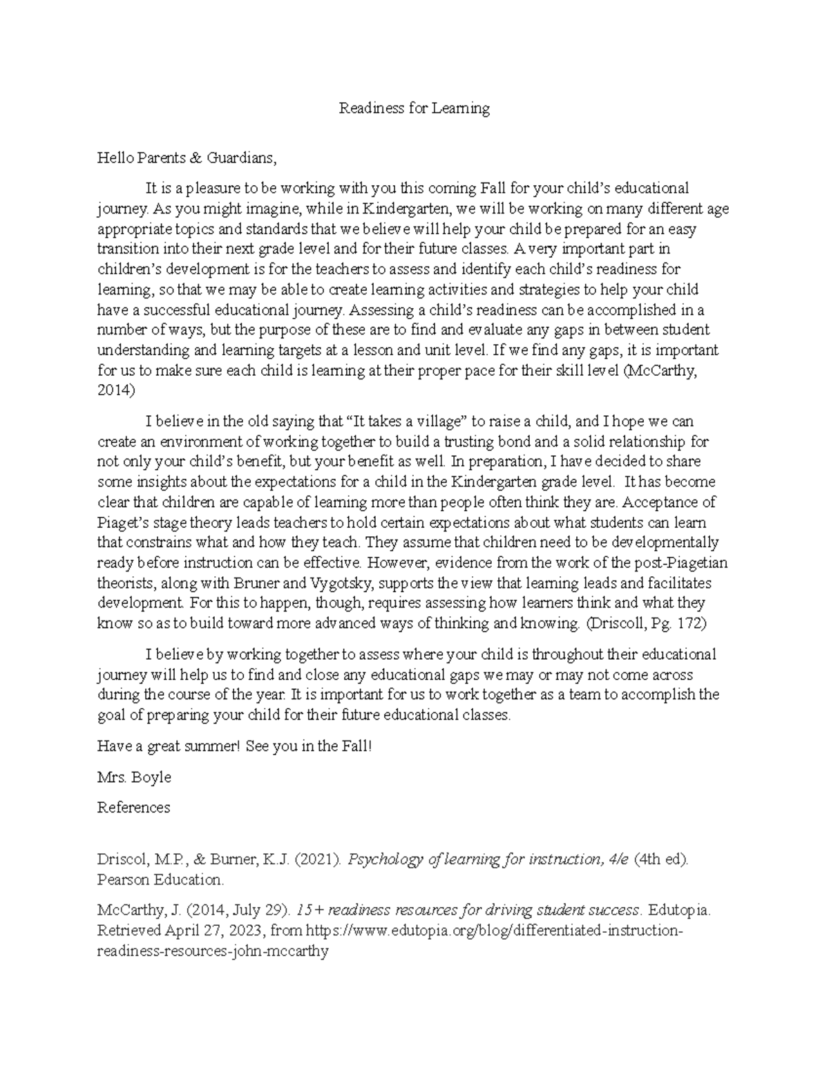 Readiness For Learning - Readiness for Learning Hello Parents ...